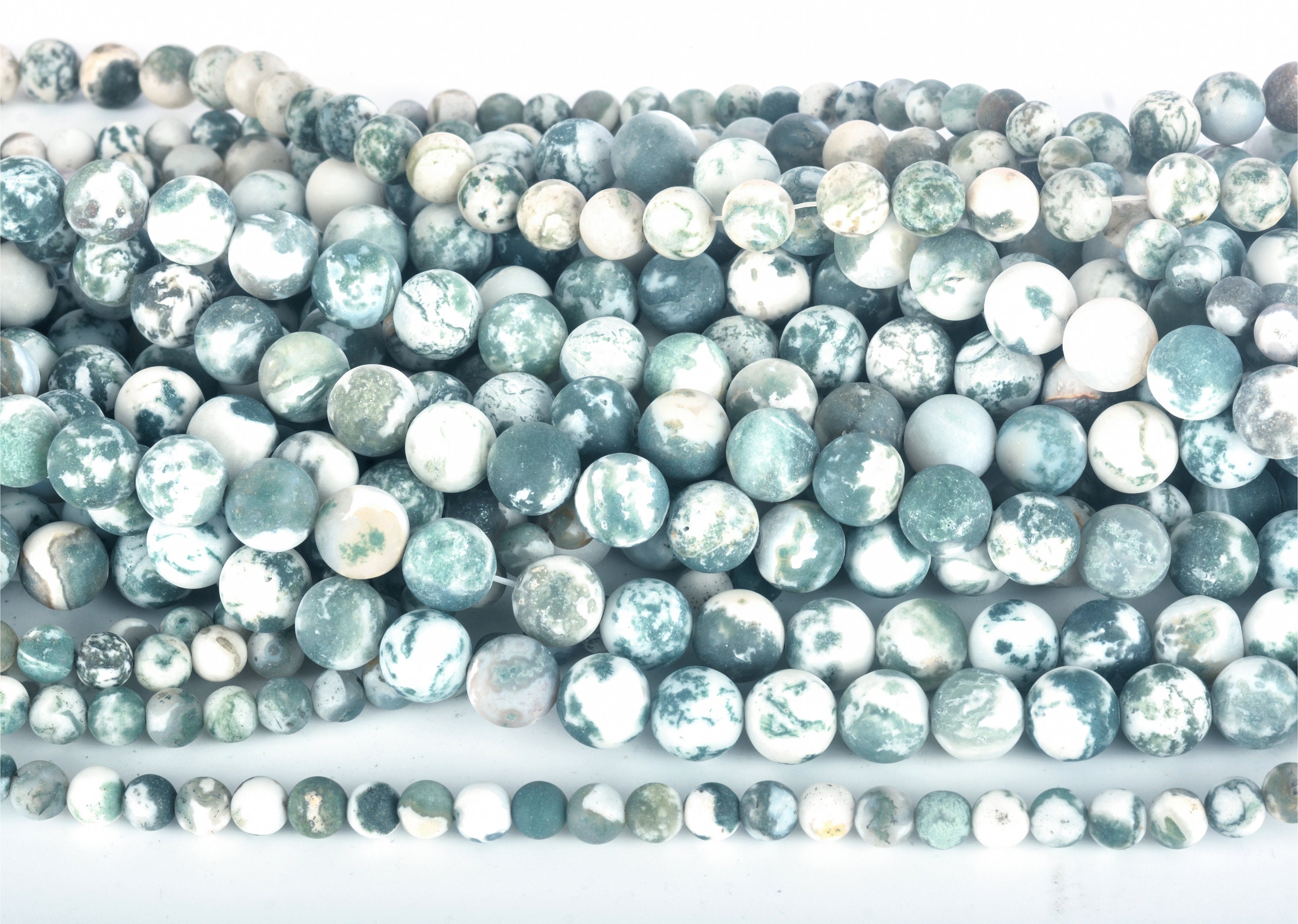 Matte Tree Agate Beads - White and Green Tree Agate Round Beads ...