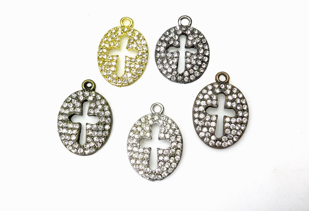 Cross Metal Charms - Clear Crystal Dangle Charm - Black Pendant Charm ...