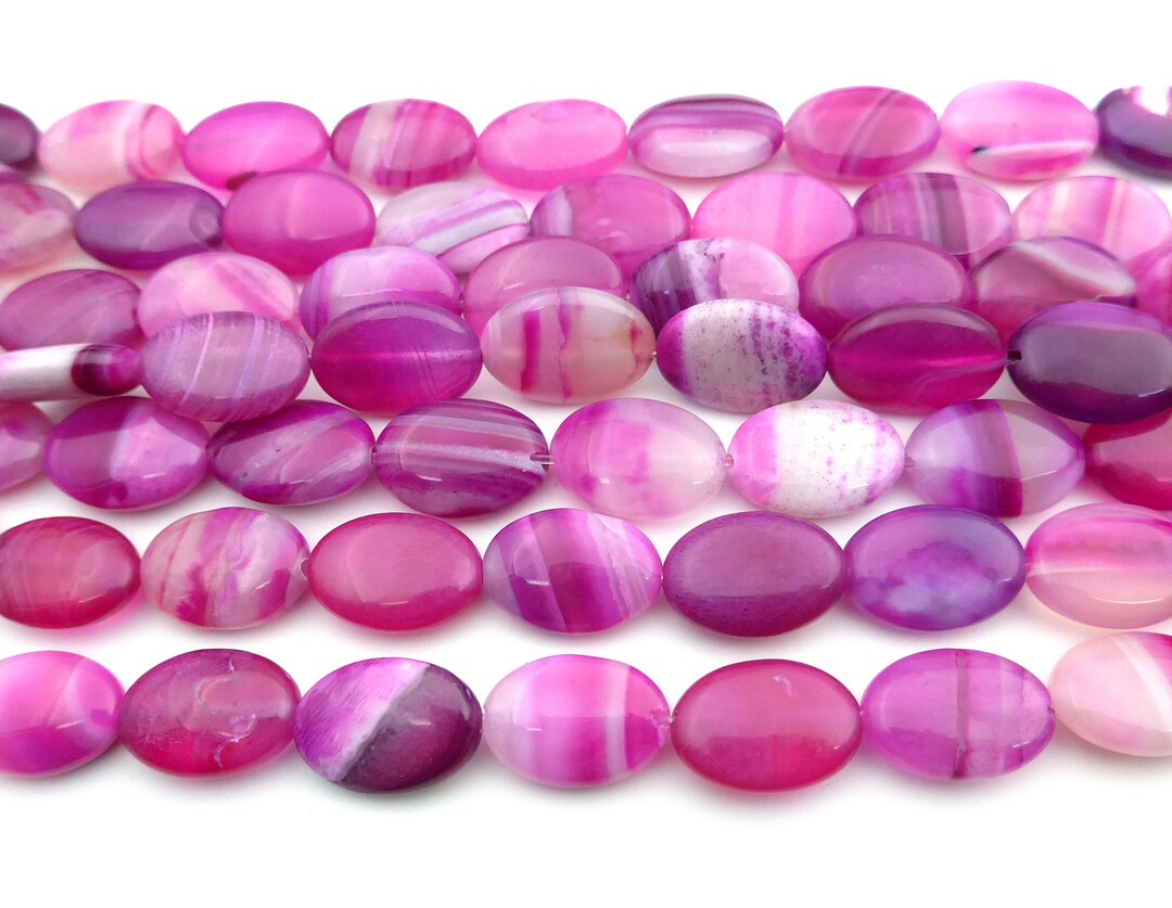 Fushcia Banded Agate Beads Puffy Oval Gemstone Bead Striped Agate ...