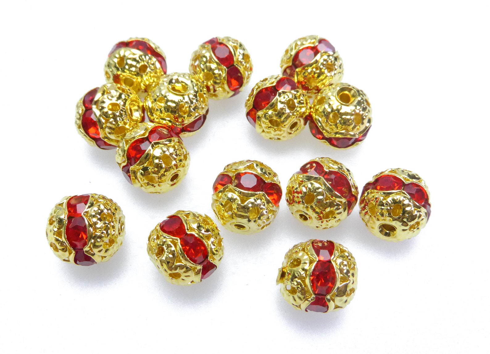 Gold Tone Red Rhinestone Beads One Stripe Paved Beads Gold | Etsy