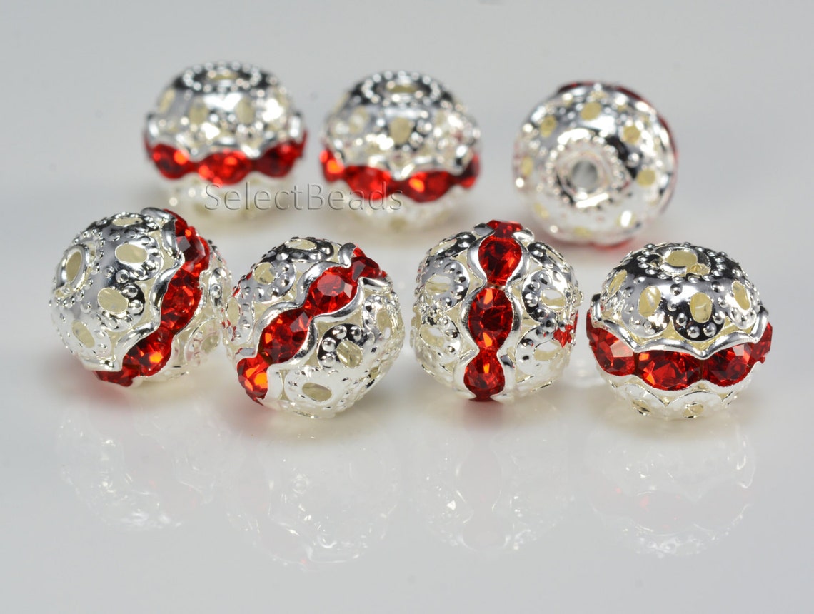 Red Rhinestone Filigree Ball Beads - Red Crystal Stripe Beads - Red ...