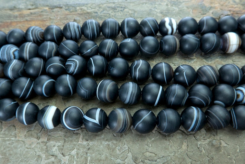 Matte Banded Agate Beads - Black Agate Stripe Beads - Bead Strands ...