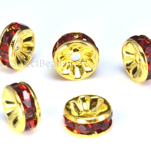 Red Crystal Brass Metal Spacers - Gold Tone Spacer Beads - Rondelle ...