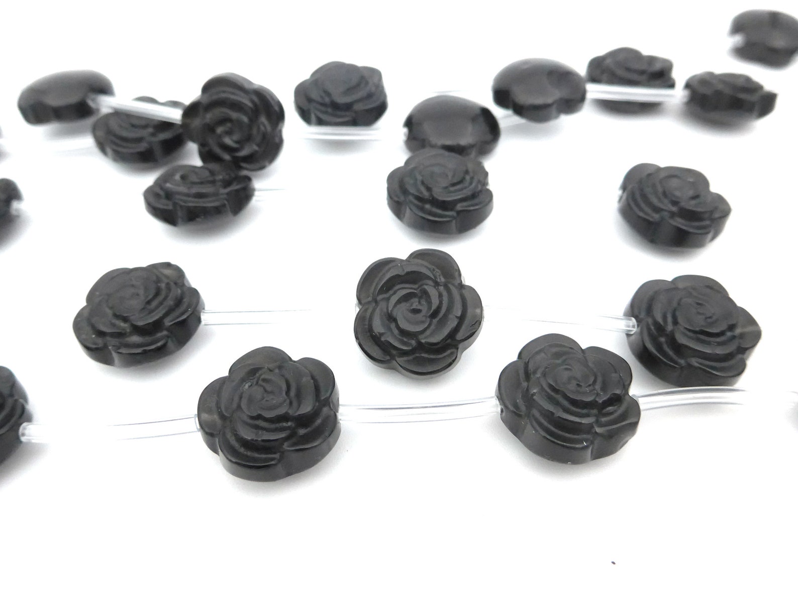 Natural Obsidian Gemstone Flower Beads - Carved Rose Floral Beads ...
