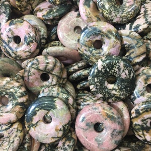 Gemstone Donut Pendants Black Line Pink Rhodonite Circle - Etsy
