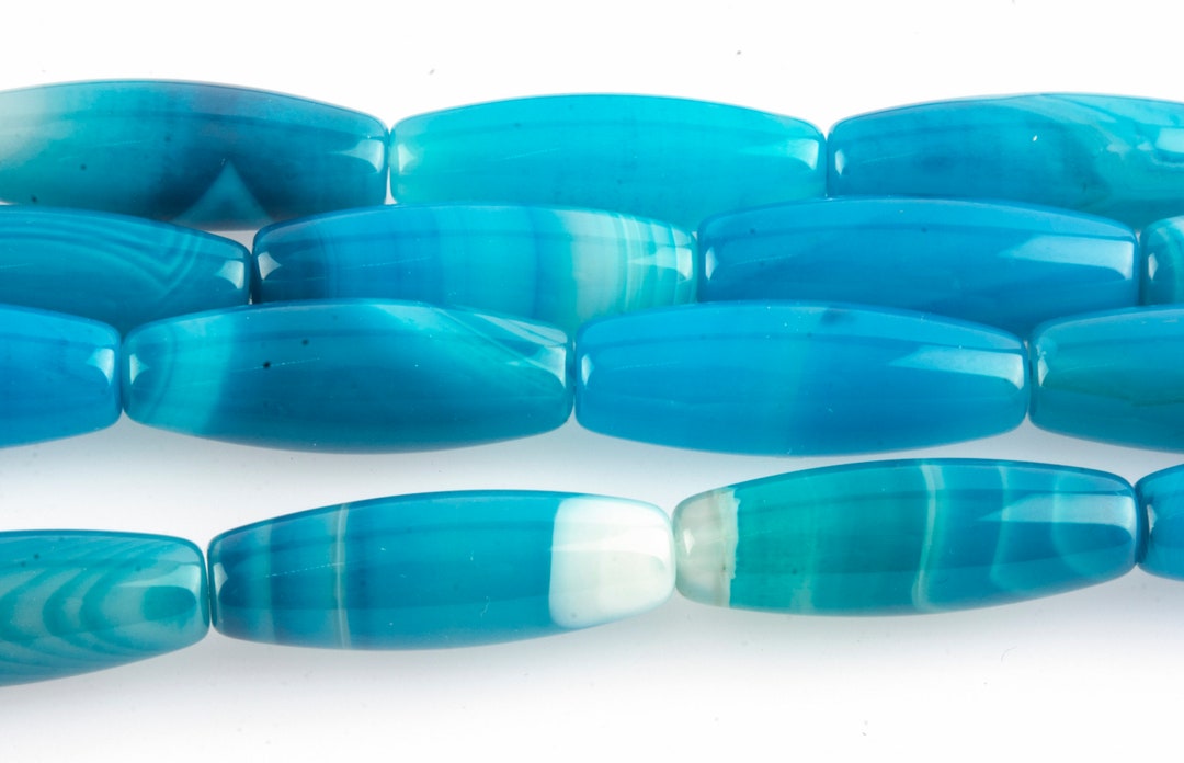 Blue Banded Agate Elongate Rice Beads - White Vein Agate Beads ...