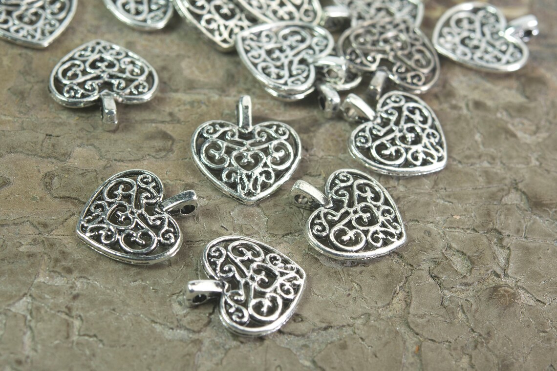 Filigree Heart Charm - Filigree Heart Charms Supplies - Silver Heart ...