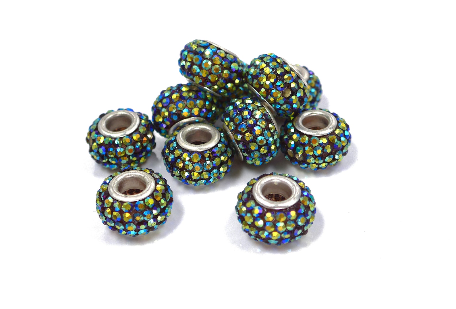 Coated Rhinestone Bracelet Beads Paved Big Hole Rondelle Beads European ...