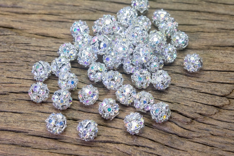 AB Coated Crystal Round Ball Beads Silver Plated Brass Beads | Etsy