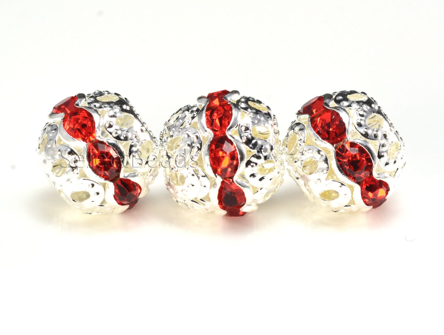 Red Rhinestone Filigree Ball Beads - Red Crystal Stripe Beads - Red ...