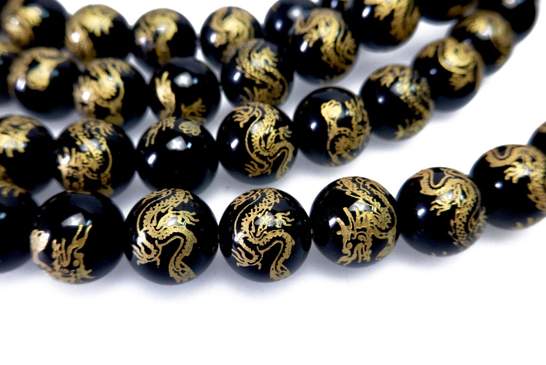 Black Onyx Golden Dragon Round Beads - Onyx Gemstone Beads - Big Onyx ...