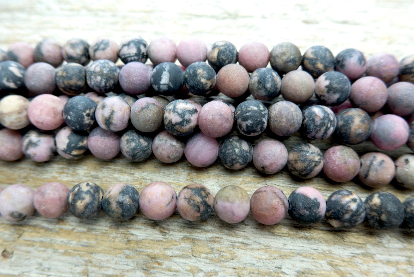 Matte Black and Pink Rhodonite Round Beads Natural Rhodonite | Etsy