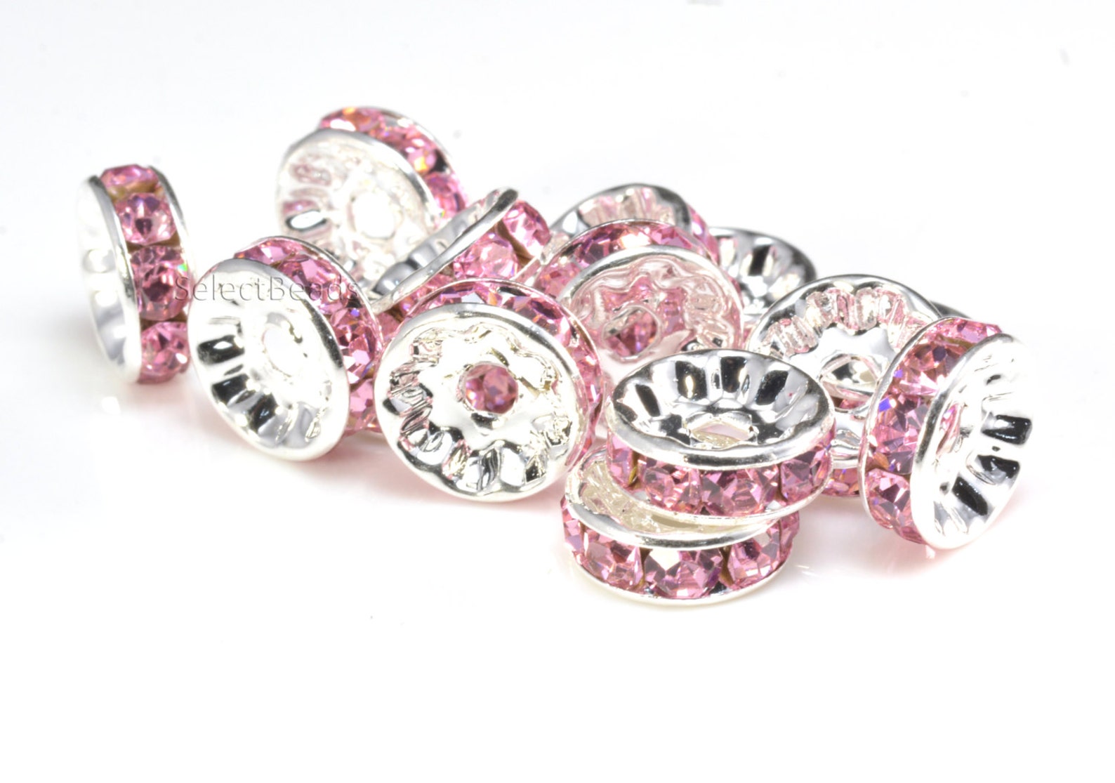 Pink Crystal Rondelle Beads - Silver Tone Wheel Spacers - Round Edge ...