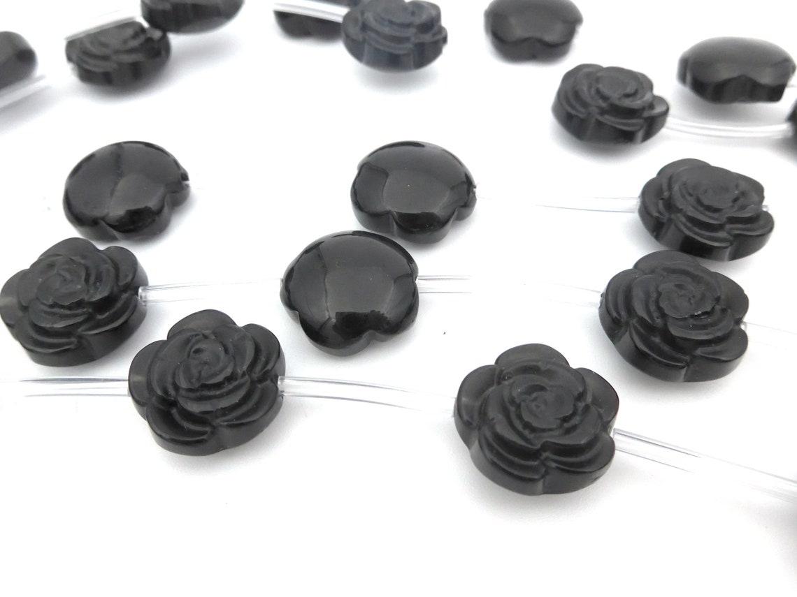 Natural Obsidian Gemstone Flower Beads Carved Rose Floral | Etsy