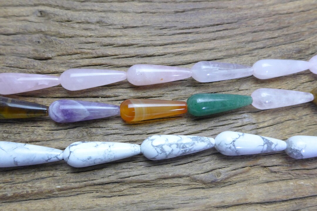 Gemstone Long Teardrop Pendant - 30mm Long Rose Quartz Beads - Howlite ...