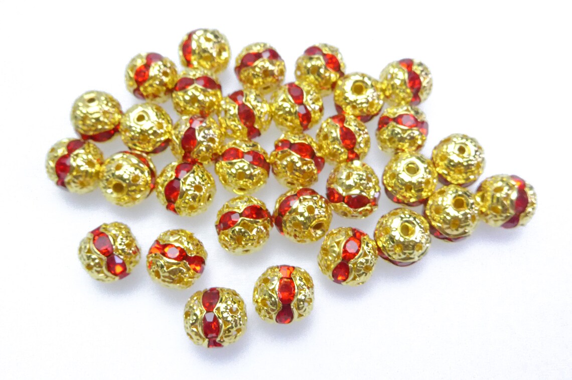 Gold Tone Red Rhinestone Beads One Stripe Paved Beads Gold | Etsy