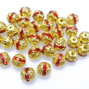 Gold Tone Red Rhinestone Beads - One Stripe Paved Beads - Gold Plated ...