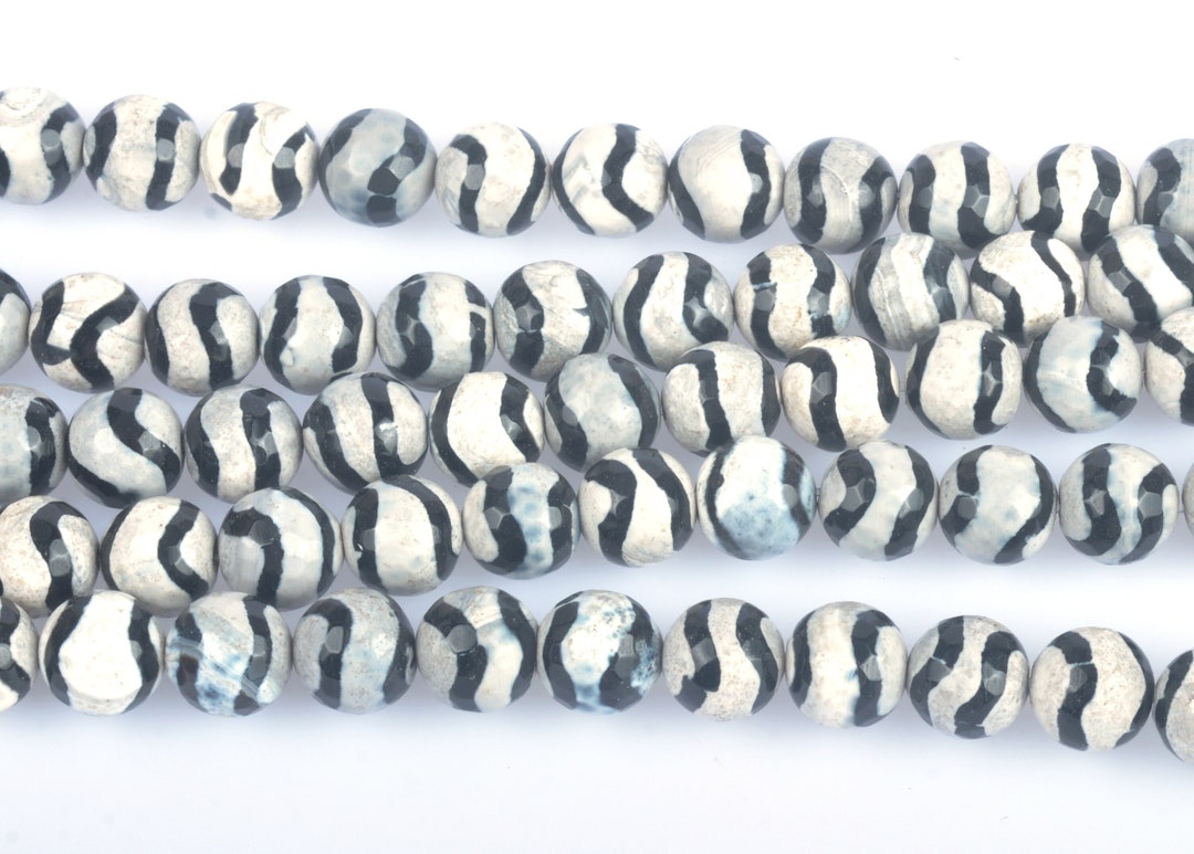 Black and White Zebra Dzi Agate Bead - Faceted Hand Paste Tibetan Agate ...