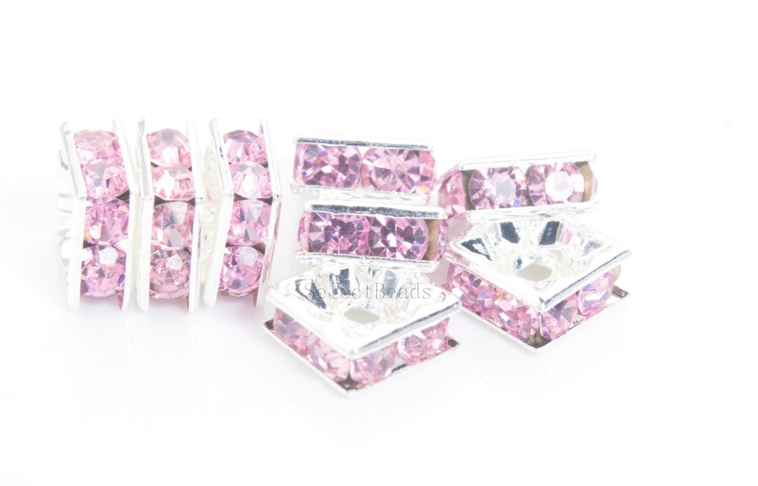 Pink Crystal Brass Spacer Beads - Silver Tone Rhinestone Square Spacers ...