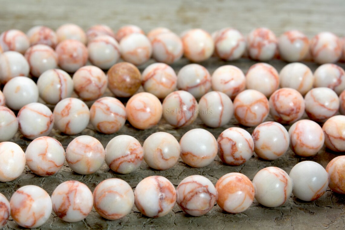 Natural Red Vein Marble Jasper Beads - Red Line Round Beads - Red and ...