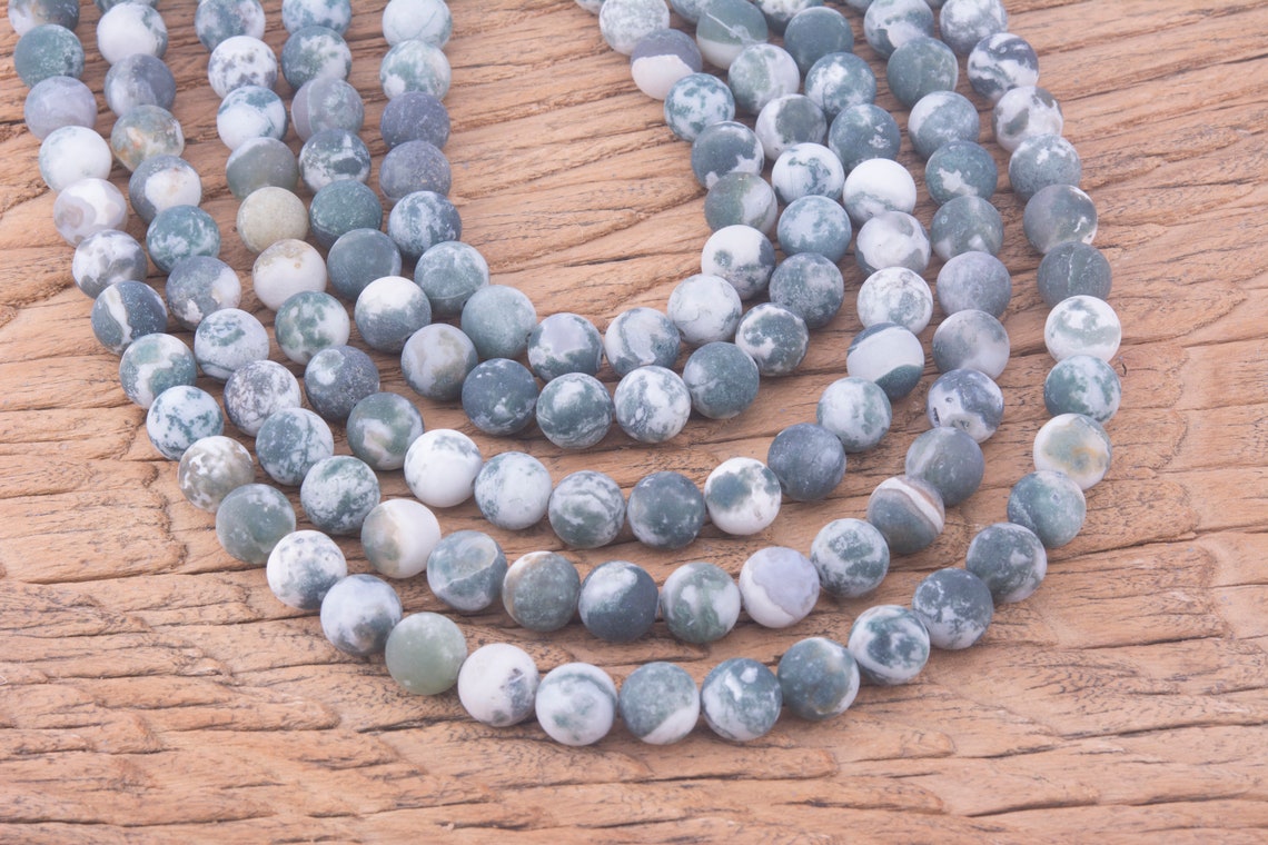 Matte Tree Agate Beads - White and Green Tree Agate Round Beads ...