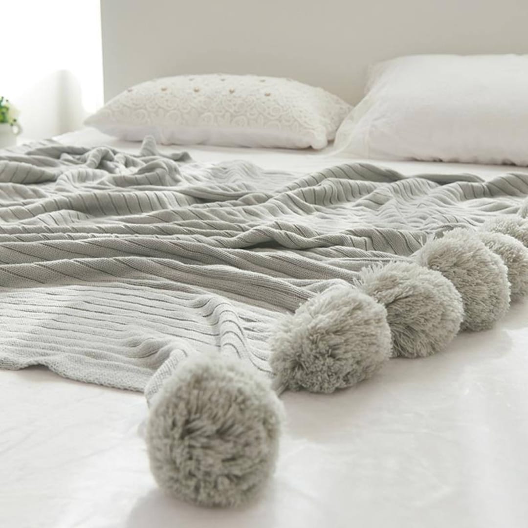 Pom Pom Grey Throw Blanket Pastel Grey Sofa Throw Grey Bed - Etsy UK
