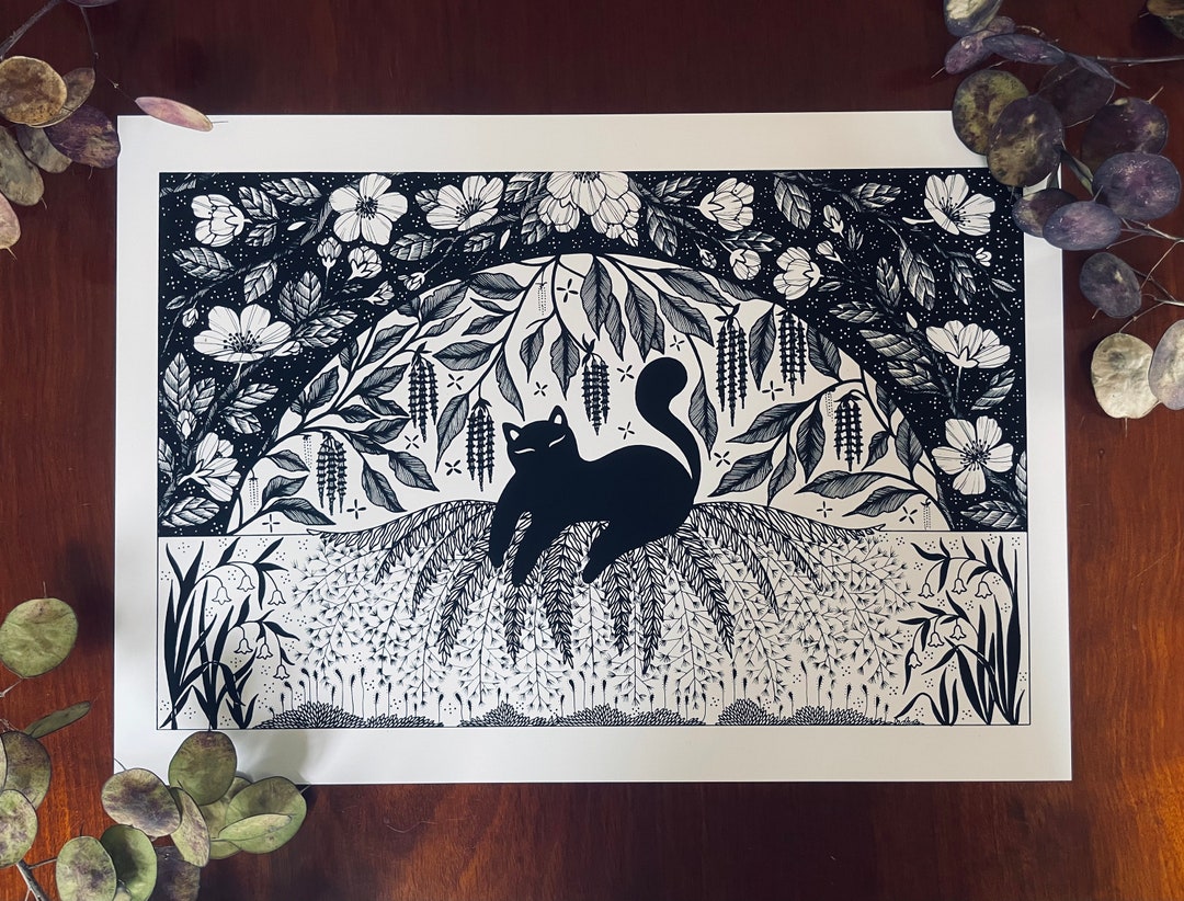 Black Cat Giclée Art Print: Northern Irish Folk Art, A3 Matte - Etsy