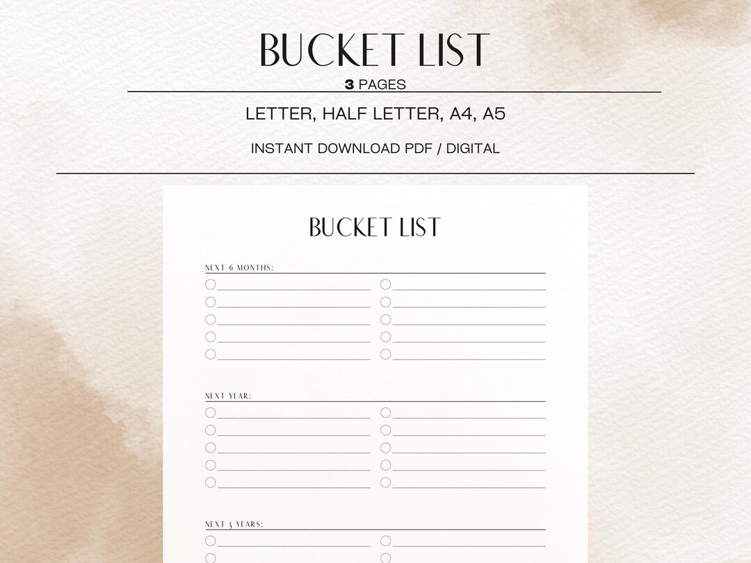 Bucket List Printable Template, Lifetime Goals, Dream Life, to Do List ...