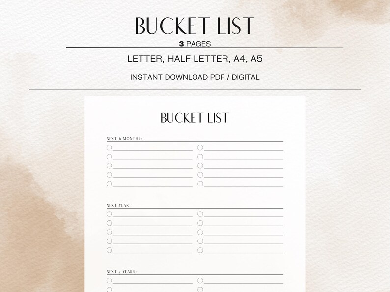 Bucket List Printable Template, Lifetime Goals, Dream Life, to Do List ...