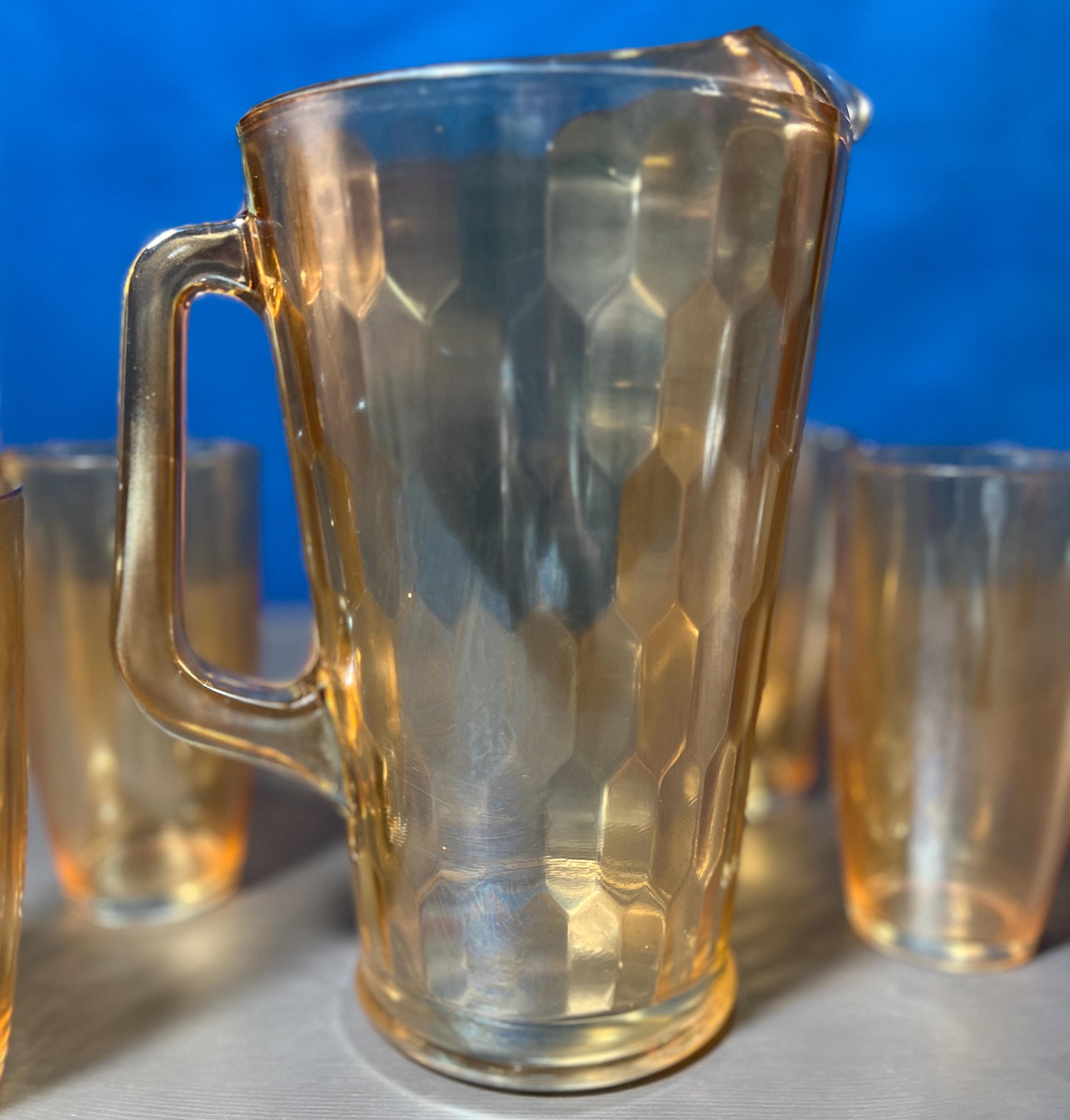 Vintage Marigold Hex-optic / Honeycomb Carnival Glass Pitcher and 4 ...