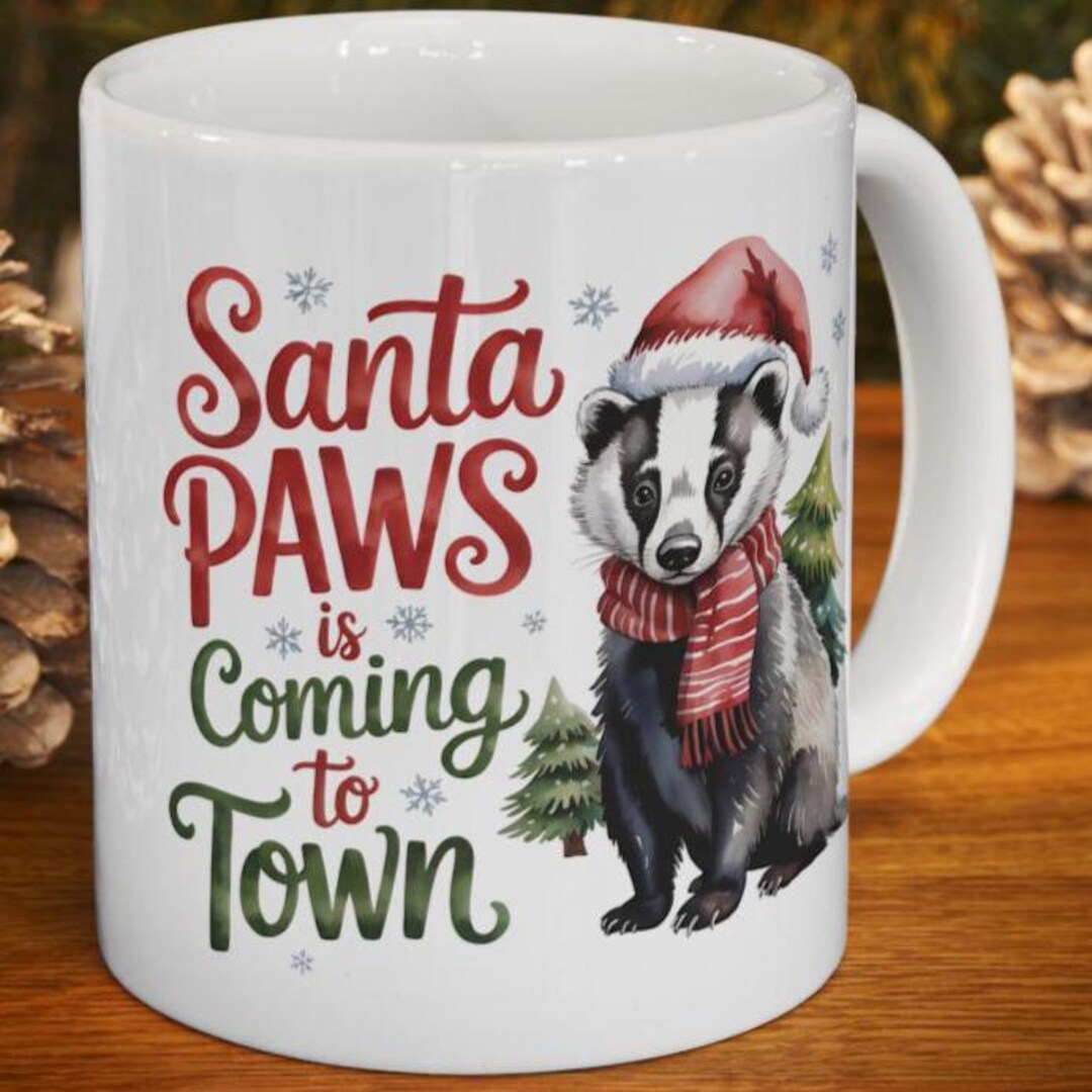 Santa Paws is Coming to Town Badger Christmas Mug - Woodland Wildlife ...