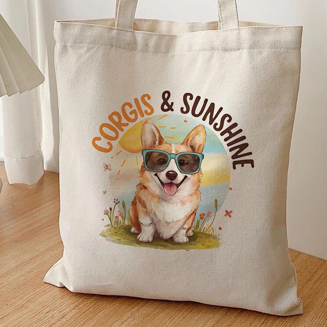 Corgis and Sunshine Cotton Canvas Tote Bag Whimsical Watercolor Summer ...