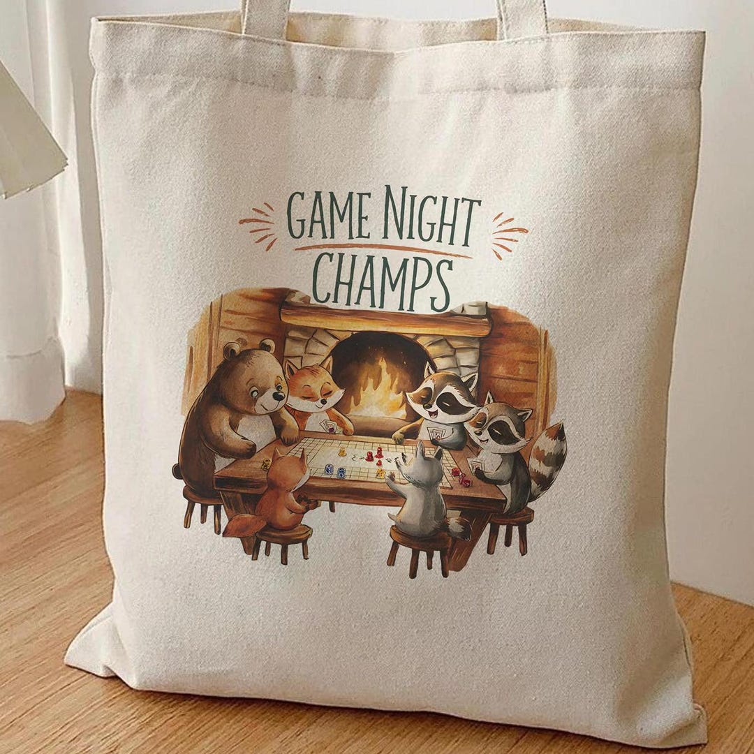 Game Night Champs Tote Bag, Cute Animal Board Game Gift, Cozy Cabin ...