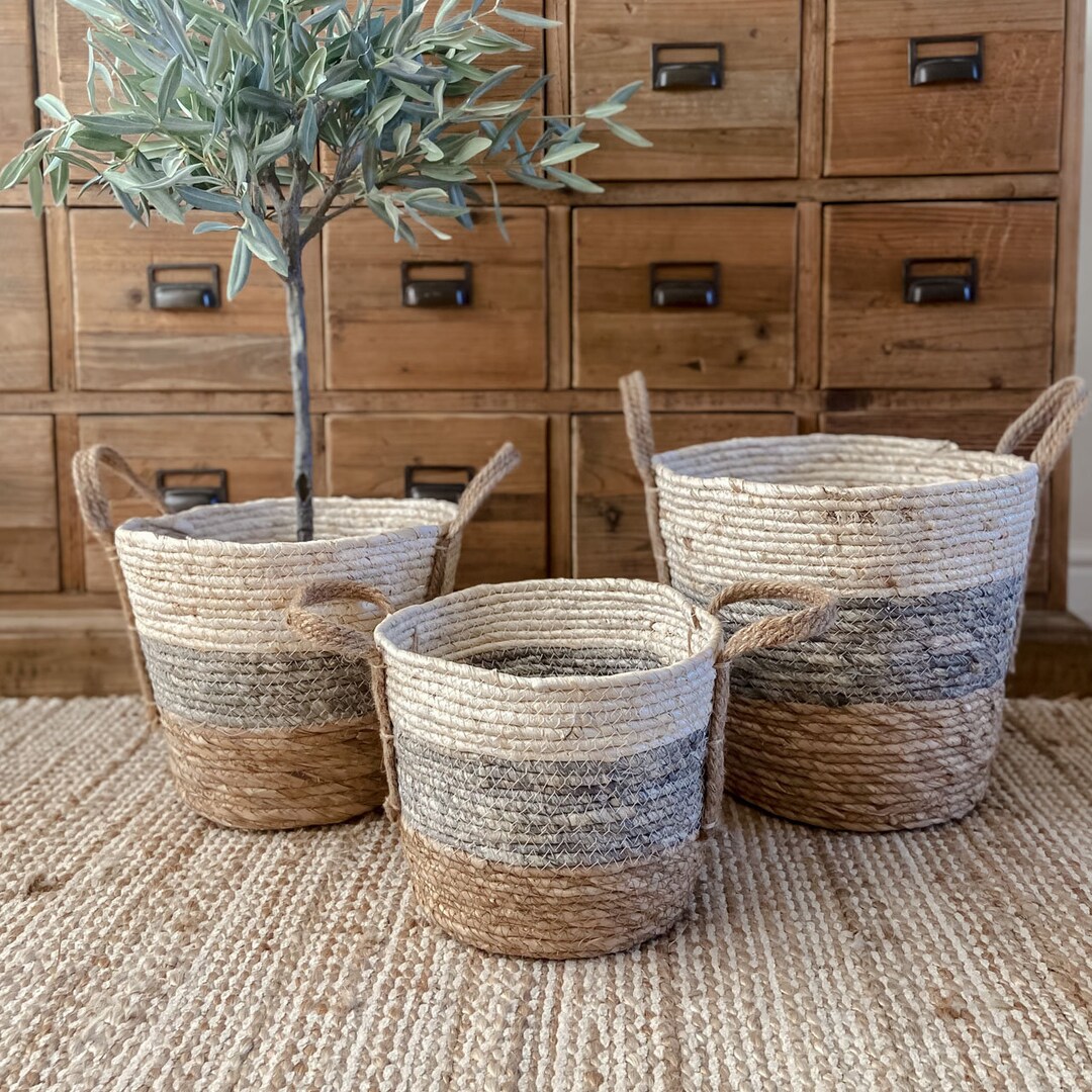 Cream, Grey & Neutral Jute Basket With Handles 3 Sizes House Warming ...