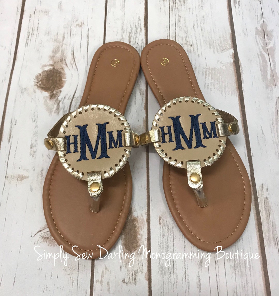 Embroidered Monogrammed Tan and Gold Whipstitch Medallion Sandals - Etsy