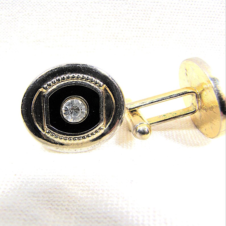 Gold Plated, Enamel and Crystal or Rhinestone Vintage Oval Cufflinks ...