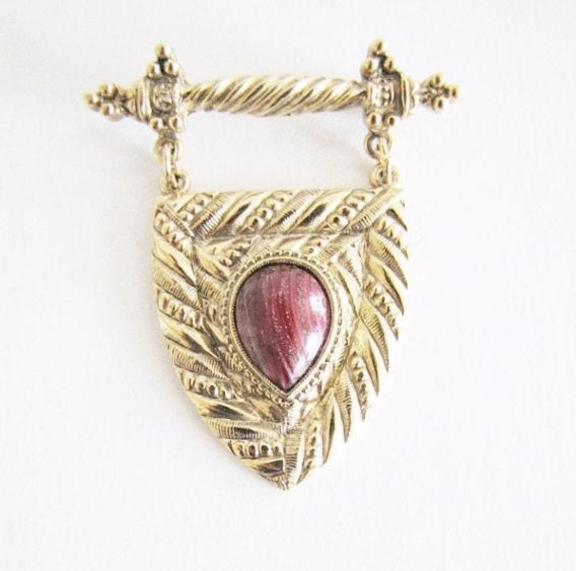 Antiqued Gold & Red Goldstone Brooch Pin, Victorian Designed Dangle ...