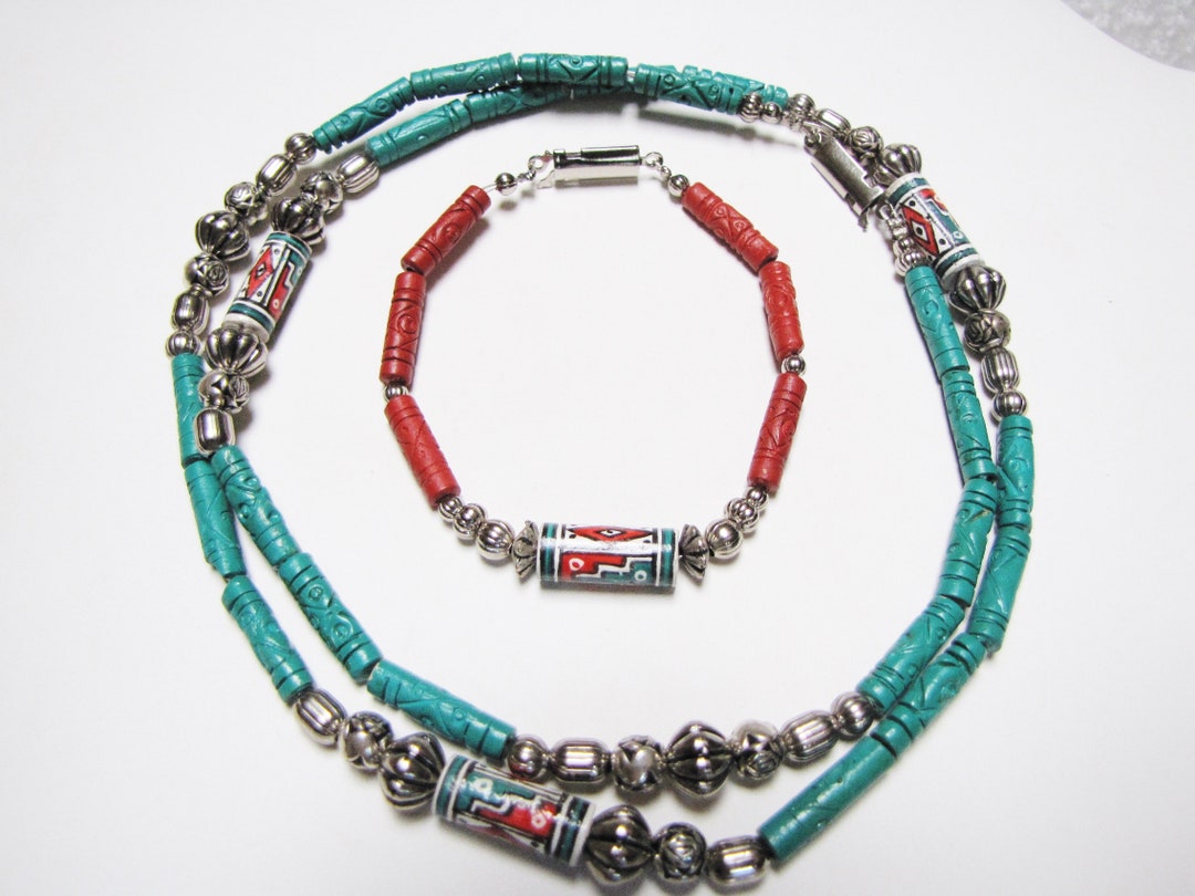 Wood and Ceramic Beaded Necklace Bracelet Jewelry Set, Boho, Everyday ...