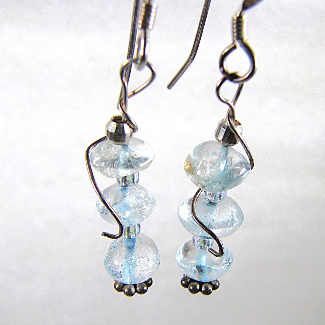 Sterling Silver Dangle Drop Ice Blue Aquamarine Bead Earrings, Handmade ...