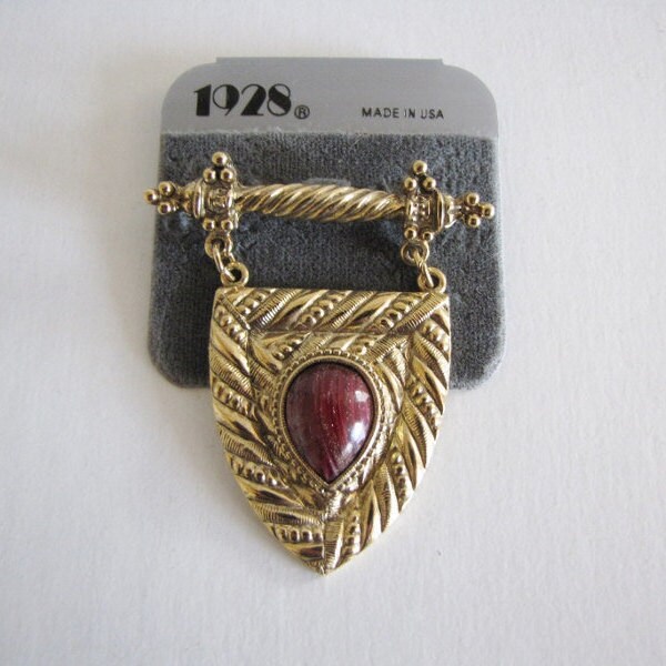 Antiqued Gold & Red Goldstone Brooch Pin, Victorian Designed Dangle ...