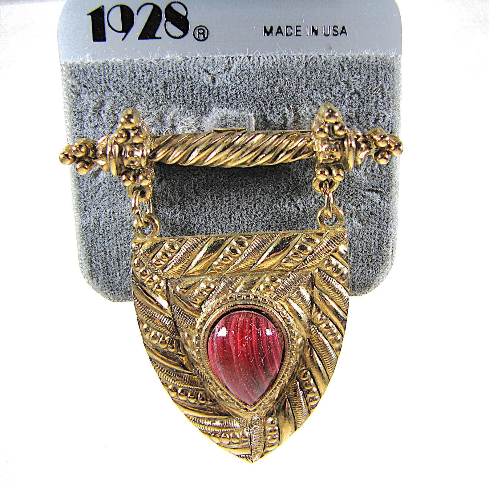 Antiqued Gold & Red Goldstone Brooch Pin, Victorian Designed Dangle ...