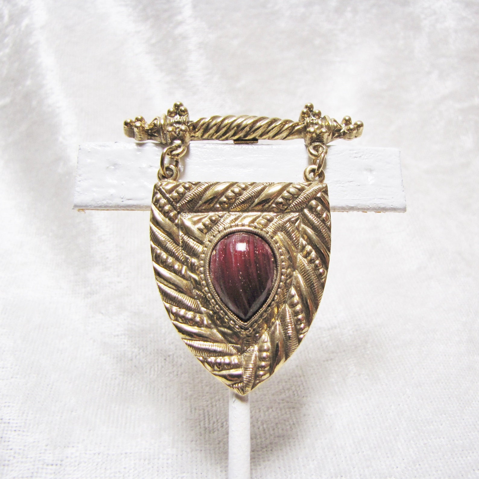 Antiqued Gold & Red Goldstone Brooch Pin, Victorian Designed Dangle ...