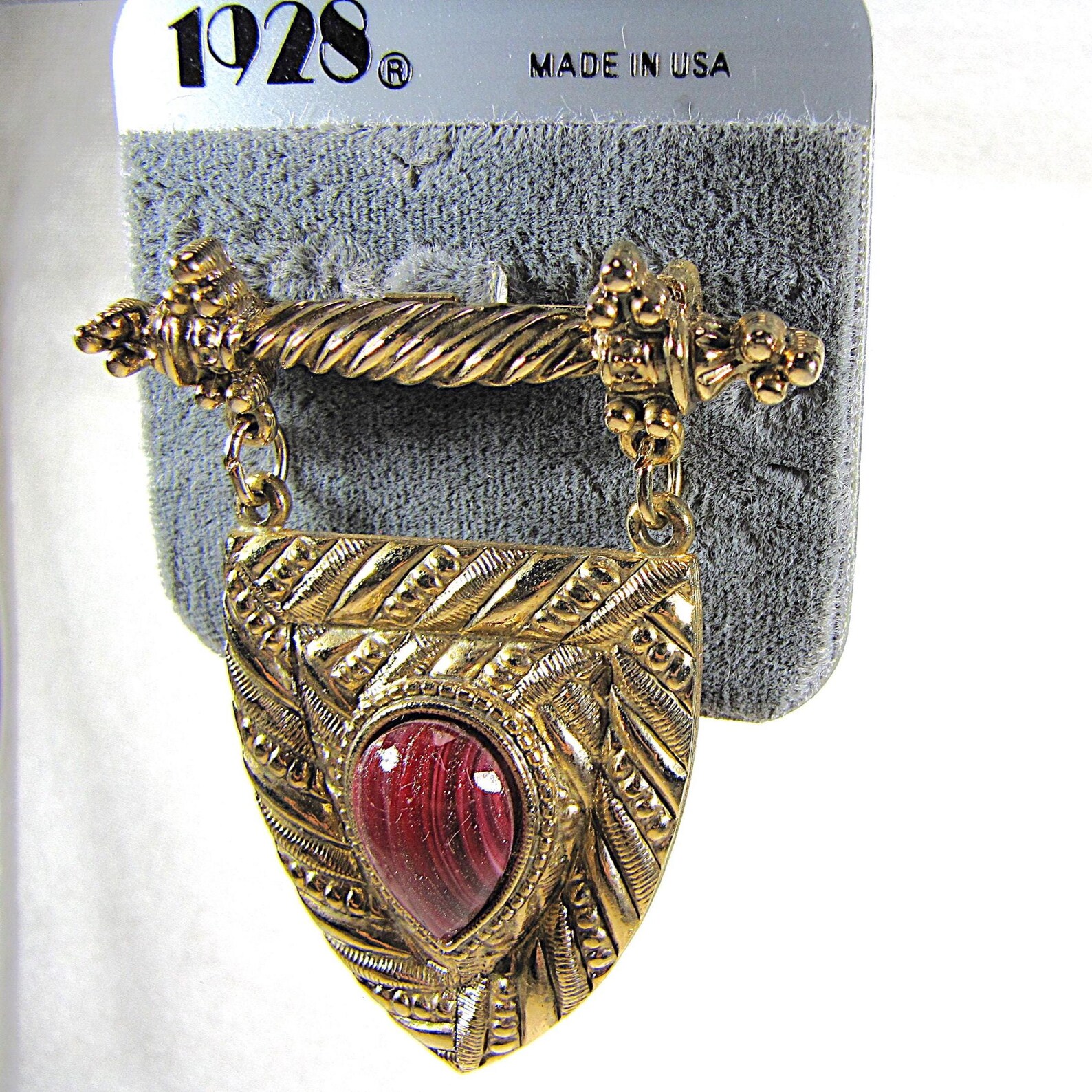 Antiqued Gold & Red Goldstone Brooch Pin, Victorian Designed Dangle ...