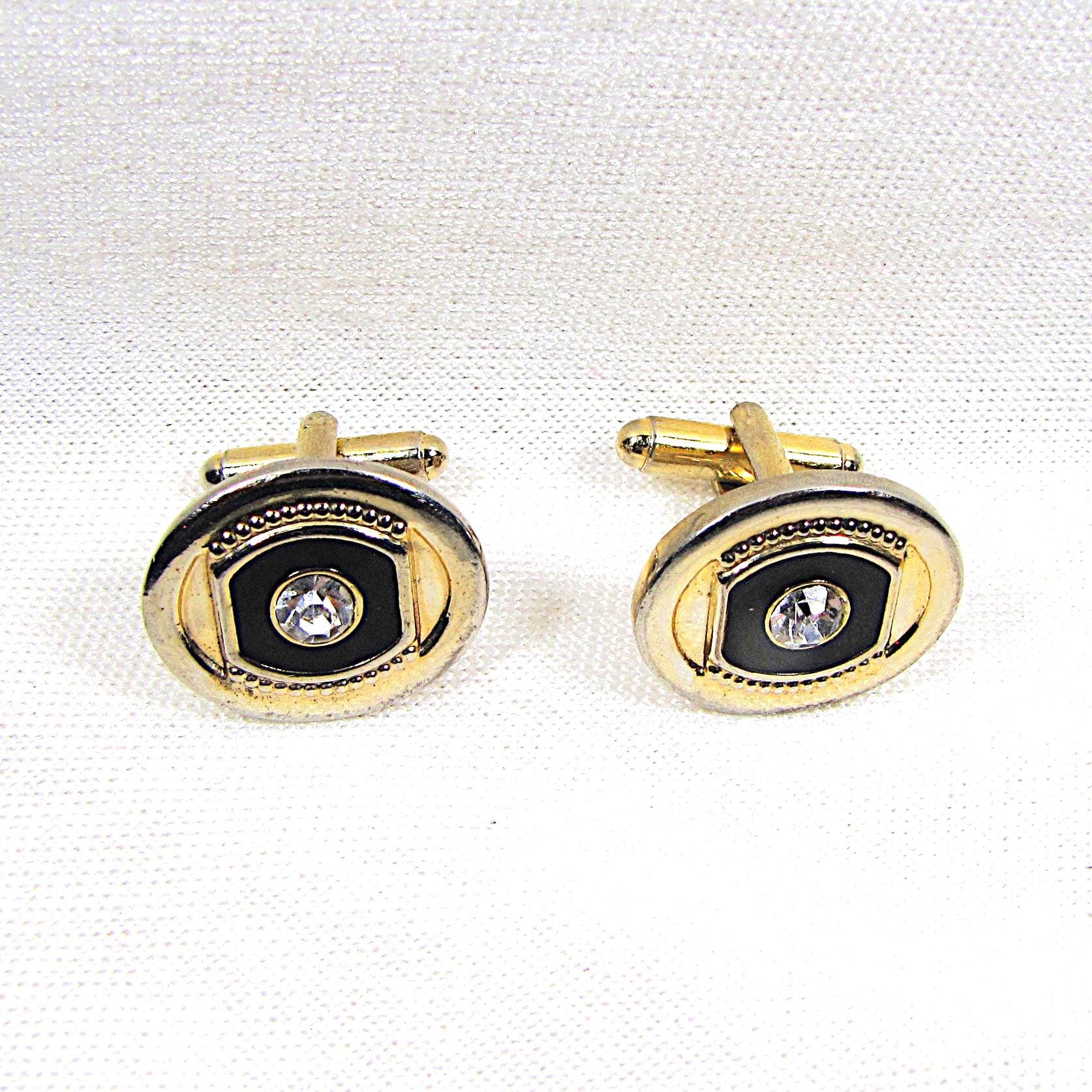 Gold Plated, Enamel and Crystal or Rhinestone Vintage Oval Cufflinks ...