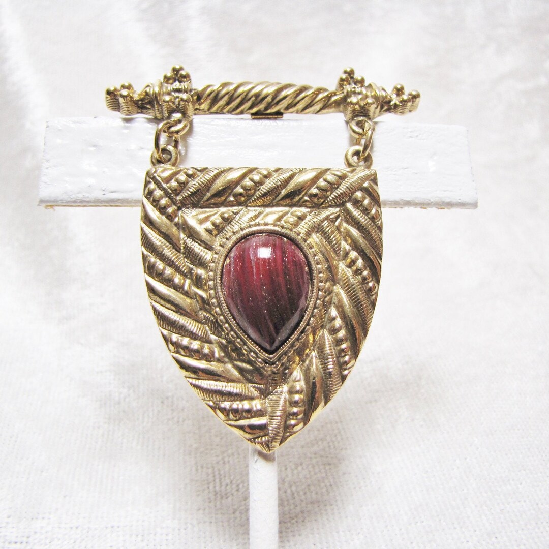Antiqued Gold & Red Goldstone Brooch Pin, Victorian Designed Dangle ...