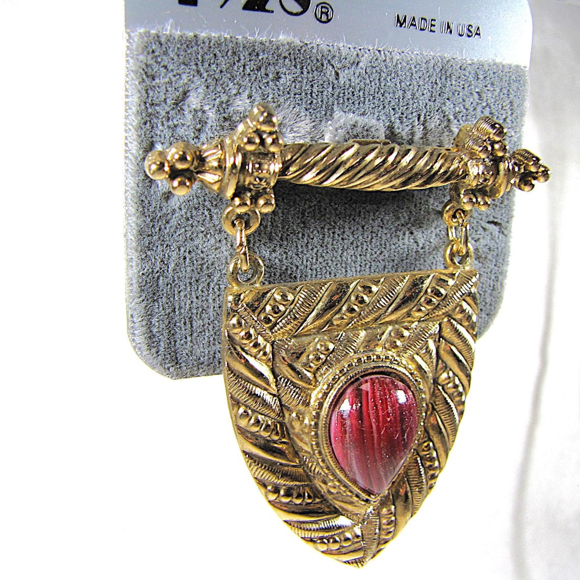 Antiqued Gold & Red Goldstone Brooch Pin, Victorian Designed Dangle ...
