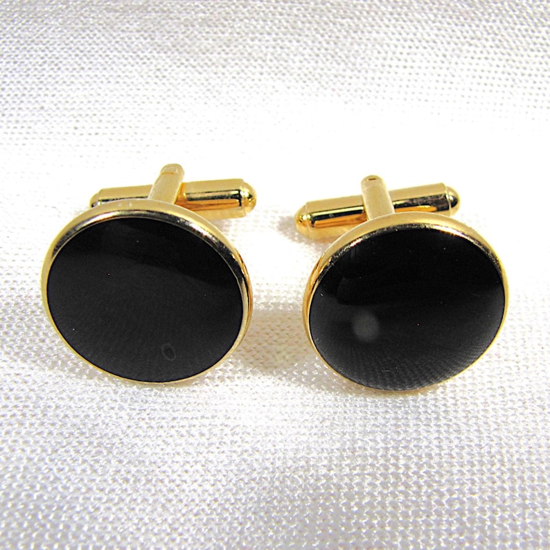 Round Black Enamel Gold Plated Vintage Cufflinks, Classic Design - Etsy
