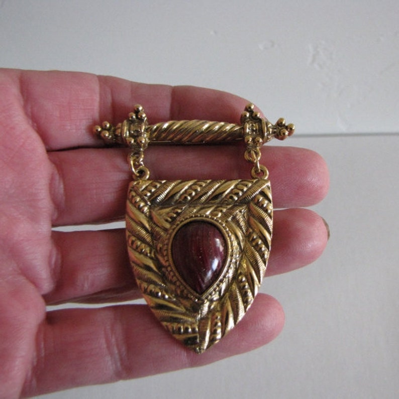 Antiqued Gold & Red Goldstone Brooch Pin, Victorian Designed Dangle ...
