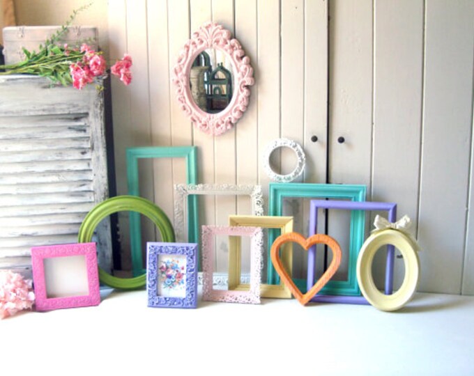 Colorful Nursery Set of 13 Painted Frames, Aqua, Pink, Yellow, Purple ...