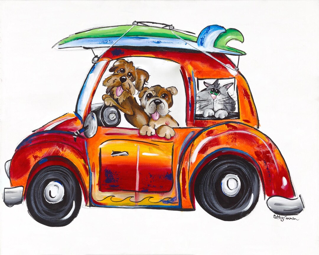 Doodle, Bulldog, Cat VW Bug Surf Giclee Painting 30x24 ( Landscape) by ...